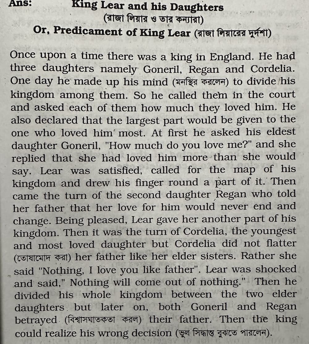 King Lear and his Daughters Completing Story for Class 6-HSC